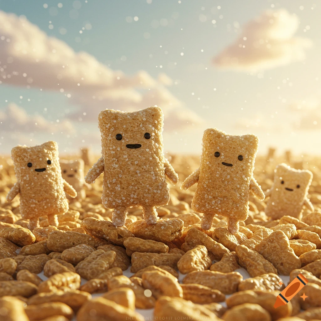Anthropomorphic frosted mini-wheats with simple faces stand in a field ...