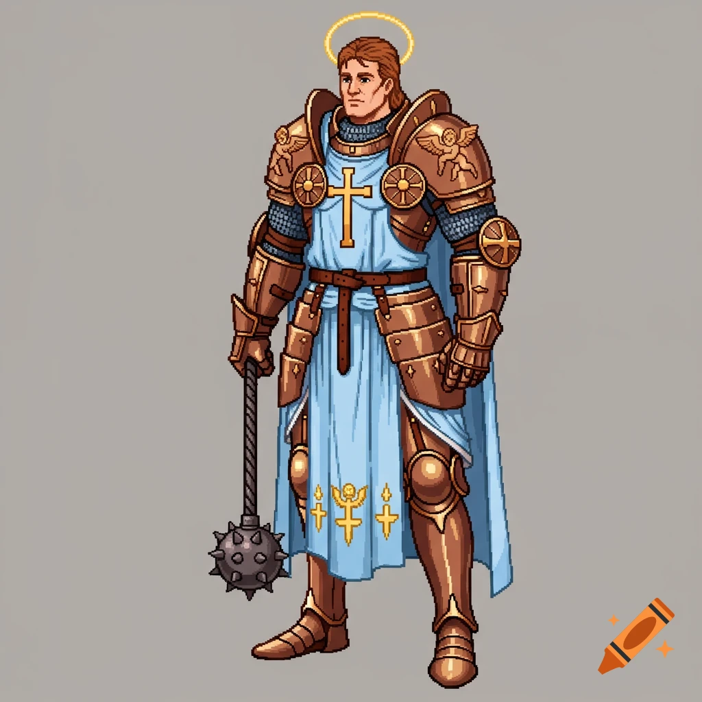 Pixel art of a medieval church warrior in bronze armor and a light blue ...