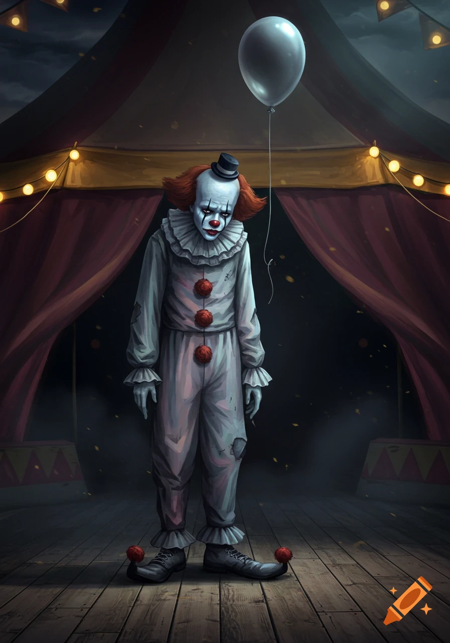 A cracked, creepy clown-like mask with blue markings, a red nose, a ...