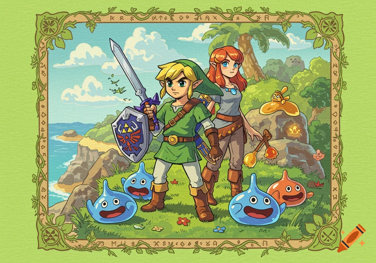 Anime characters Min Min and Toon Link stand ready on a wooden pirate ...