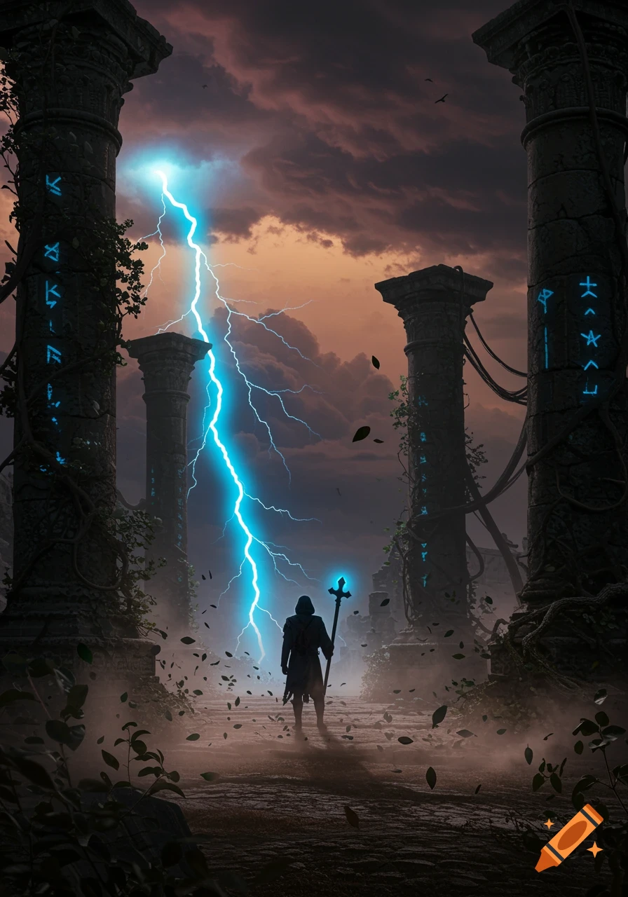 A hooded figure stands in crumbling ancient ruins as a bright blue ...