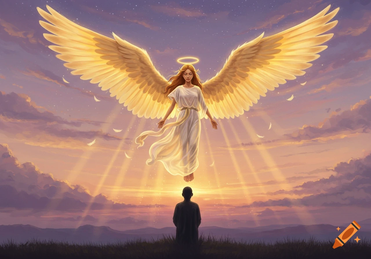 A divine angel with large golden wings and halo descends from a radiant ...