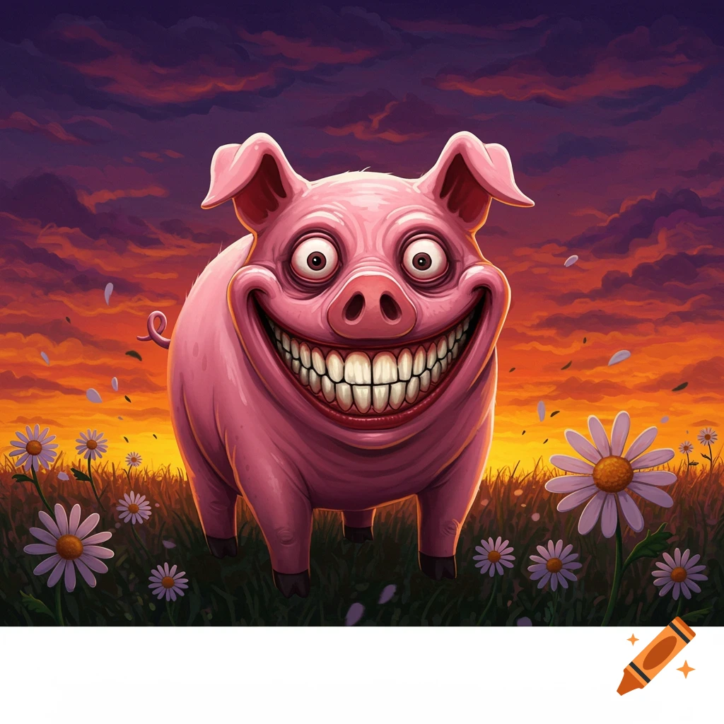 A wide-eyed pink cartoon pig with a huge, sinister grin stands in a ...