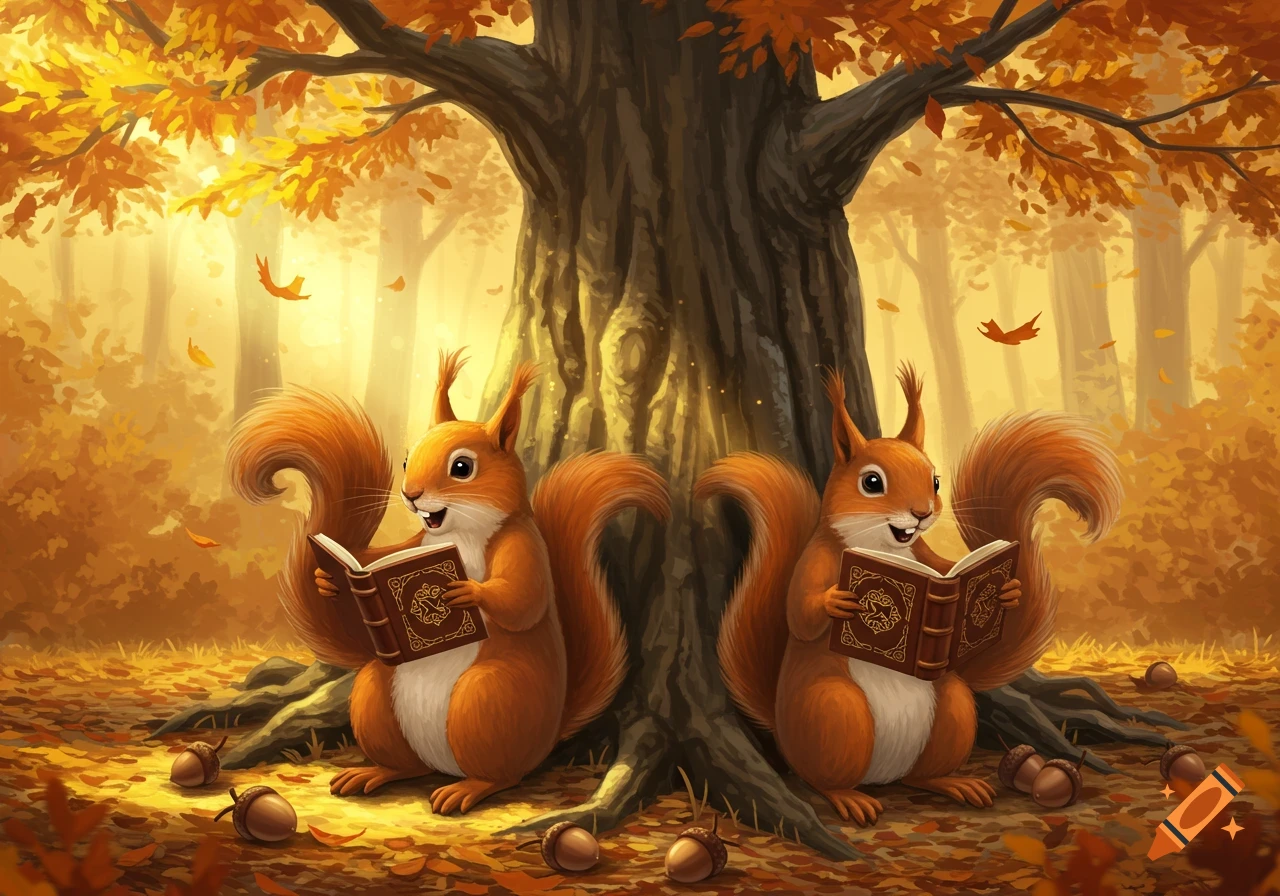 Two happy cartoon squirrels sit under a large tree in an autumn forest ...