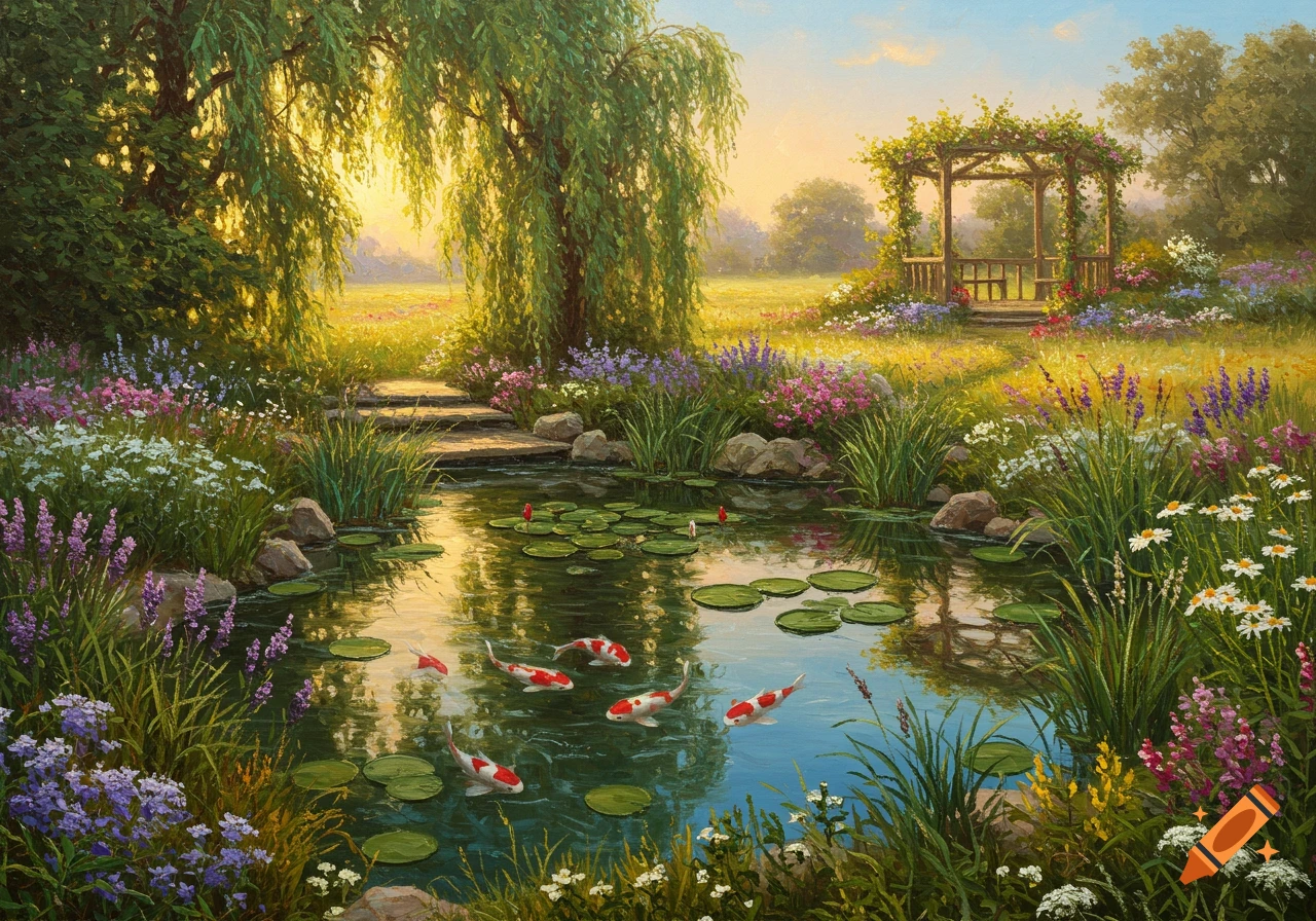 A vibrant painting of a lush garden with a pond, koi fish, willow trees ...