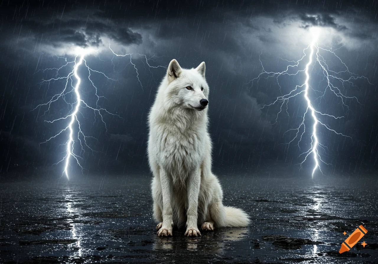 A photorealistic white wolf with brown eyes sits on wet ground under a ...