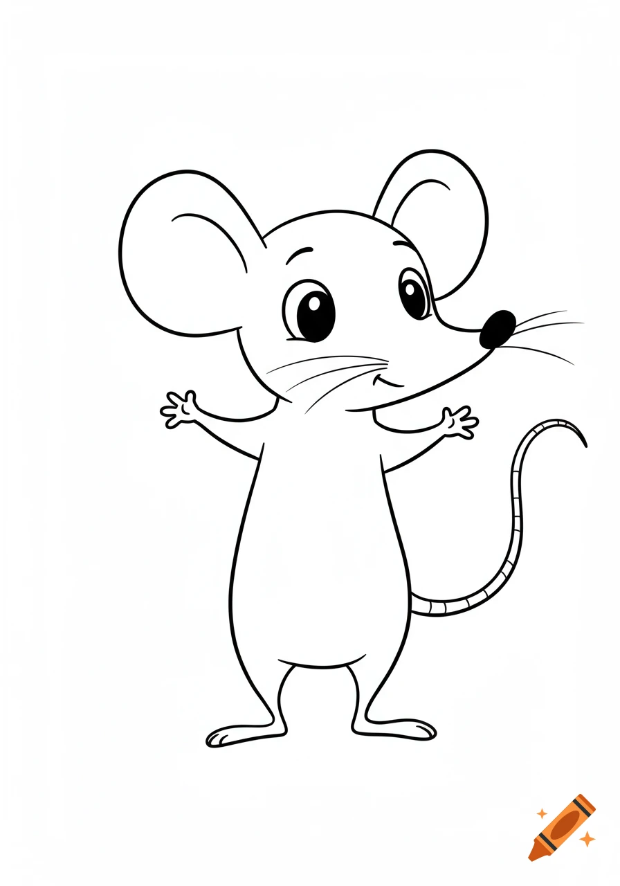A simple black outline drawing of a happy cartoon mouse standing. on ...