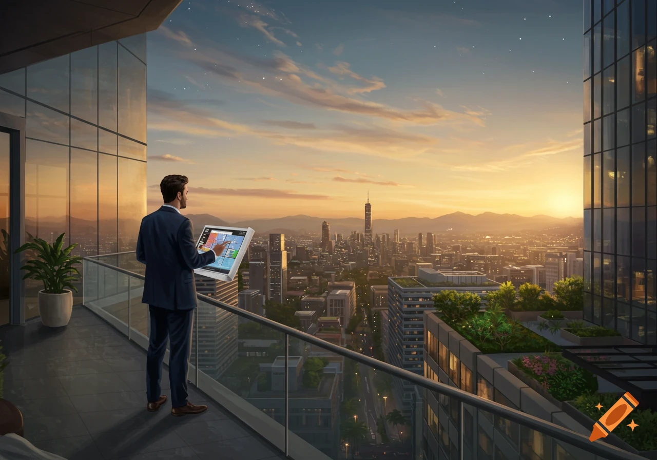 A man in a suit stands on a high-rise balcony, holding a tablet ...