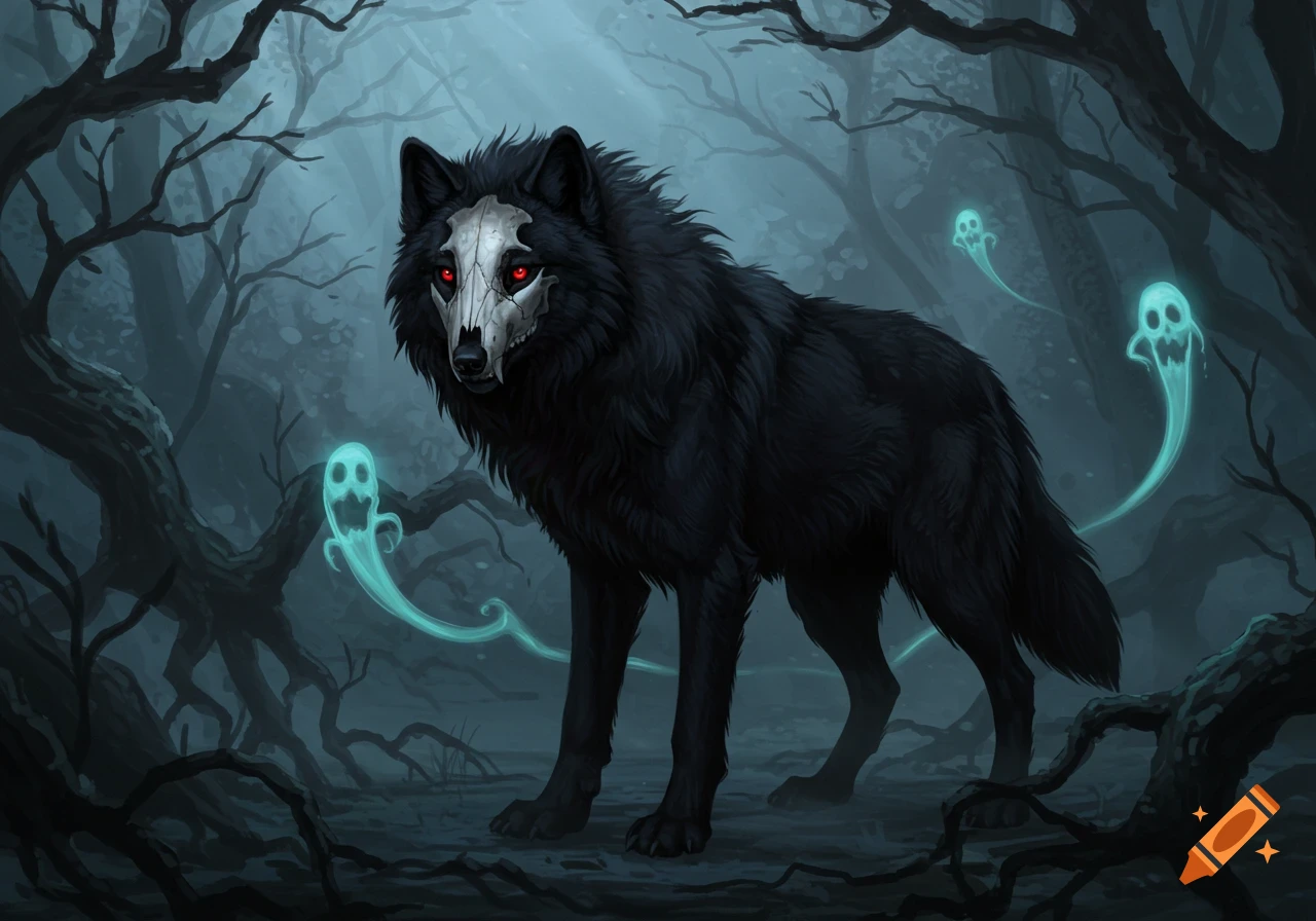 A black wolf with a skull for a head and glowing red eyes stands in a ...