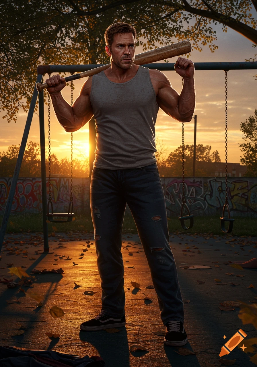 A muscular man in a tank top holds a baseball bat over his shoulder in ...