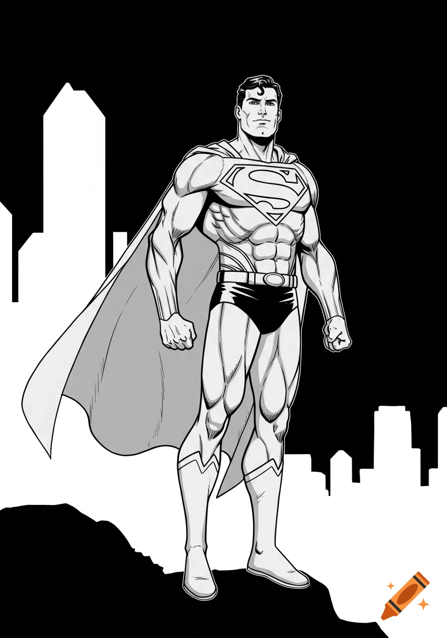 Black and white comic art of Superman flying with a raised fist over a ...