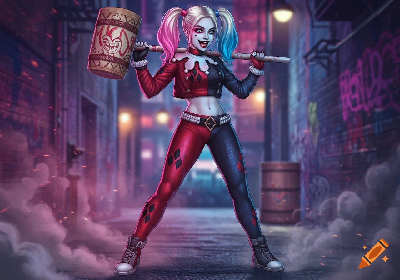Harley Quinn in a red and black outfit holds a large hammer, standing ...