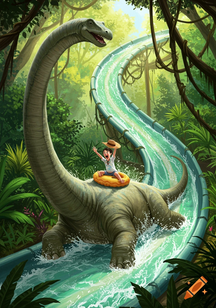 An illustrated fantasy scene of a smiling brontosaurus with a child ...
