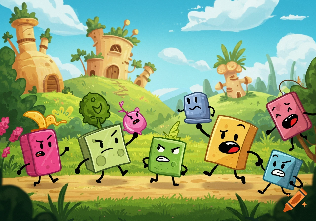 Cartoon object characters with various expressions run through a ...