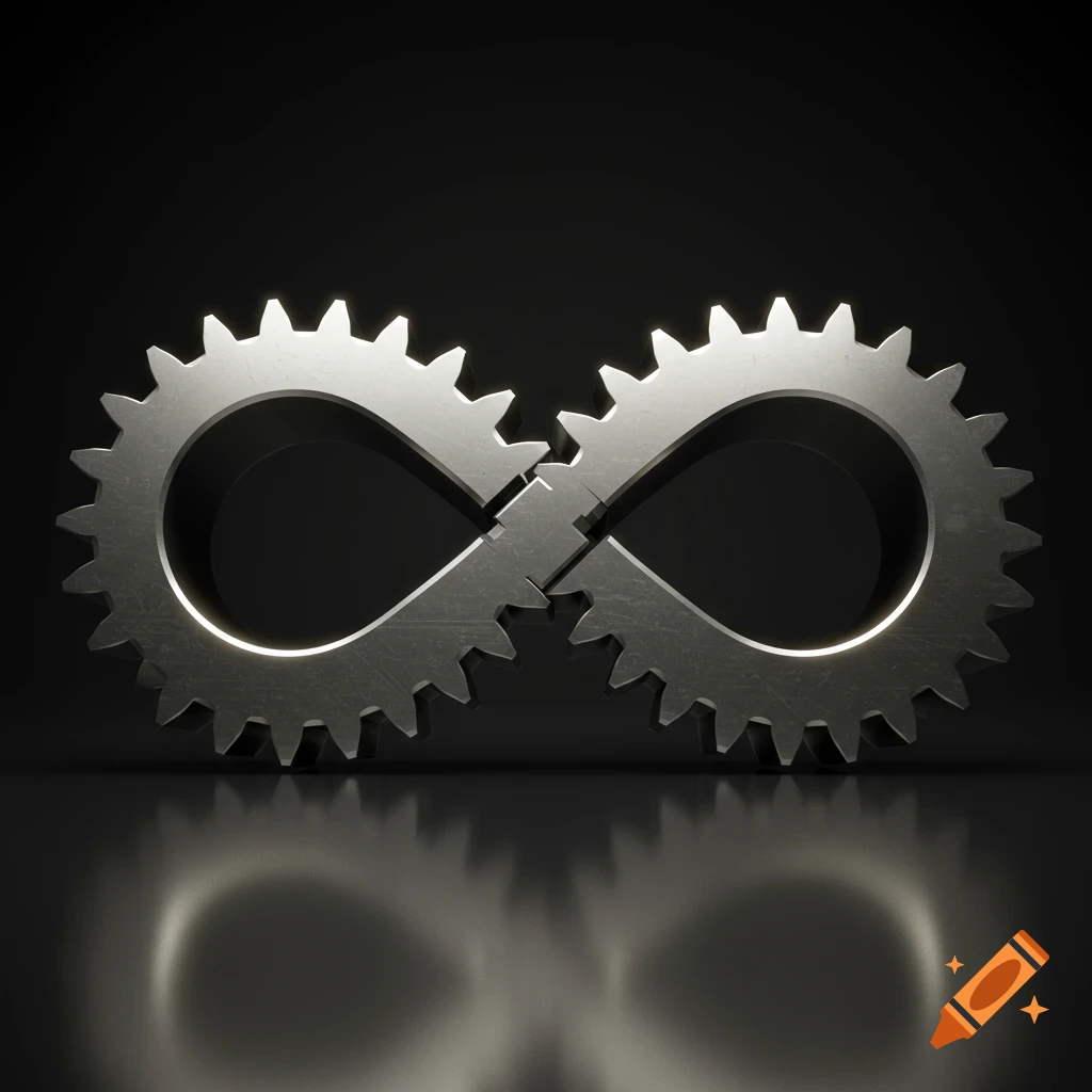 Two metallic gears interlock to form an infinity symbol, casting a ...