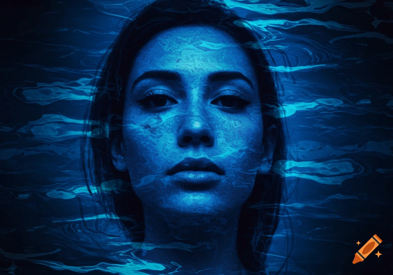 Close-up abstract digital portrait of a woman in blue, with warped ...