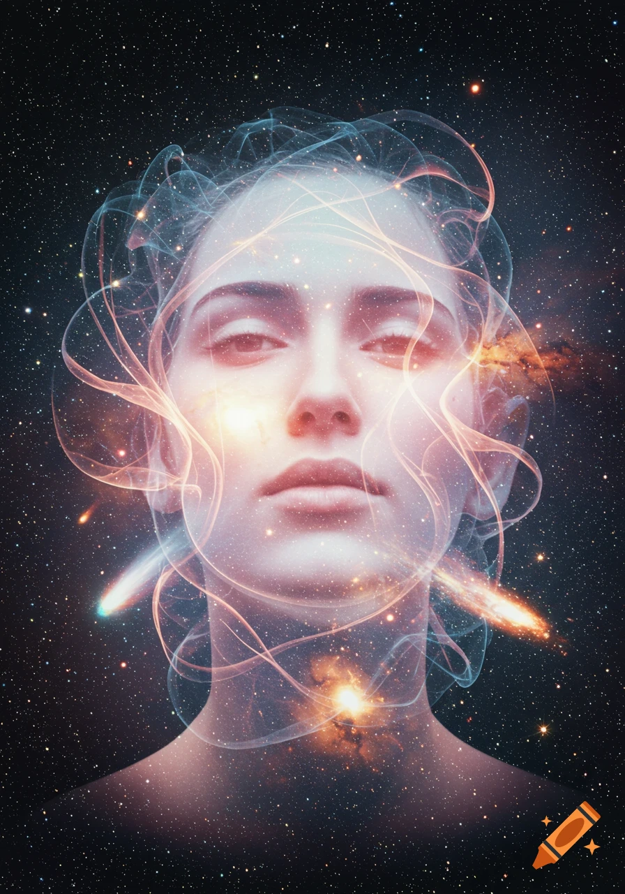 A woman's translucent face and shoulders, filled with stars and nebulae, surrounded by glowing ...