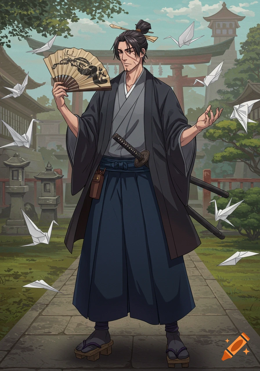 Illustration of a red yukata with orange flame patterns and a purple ...