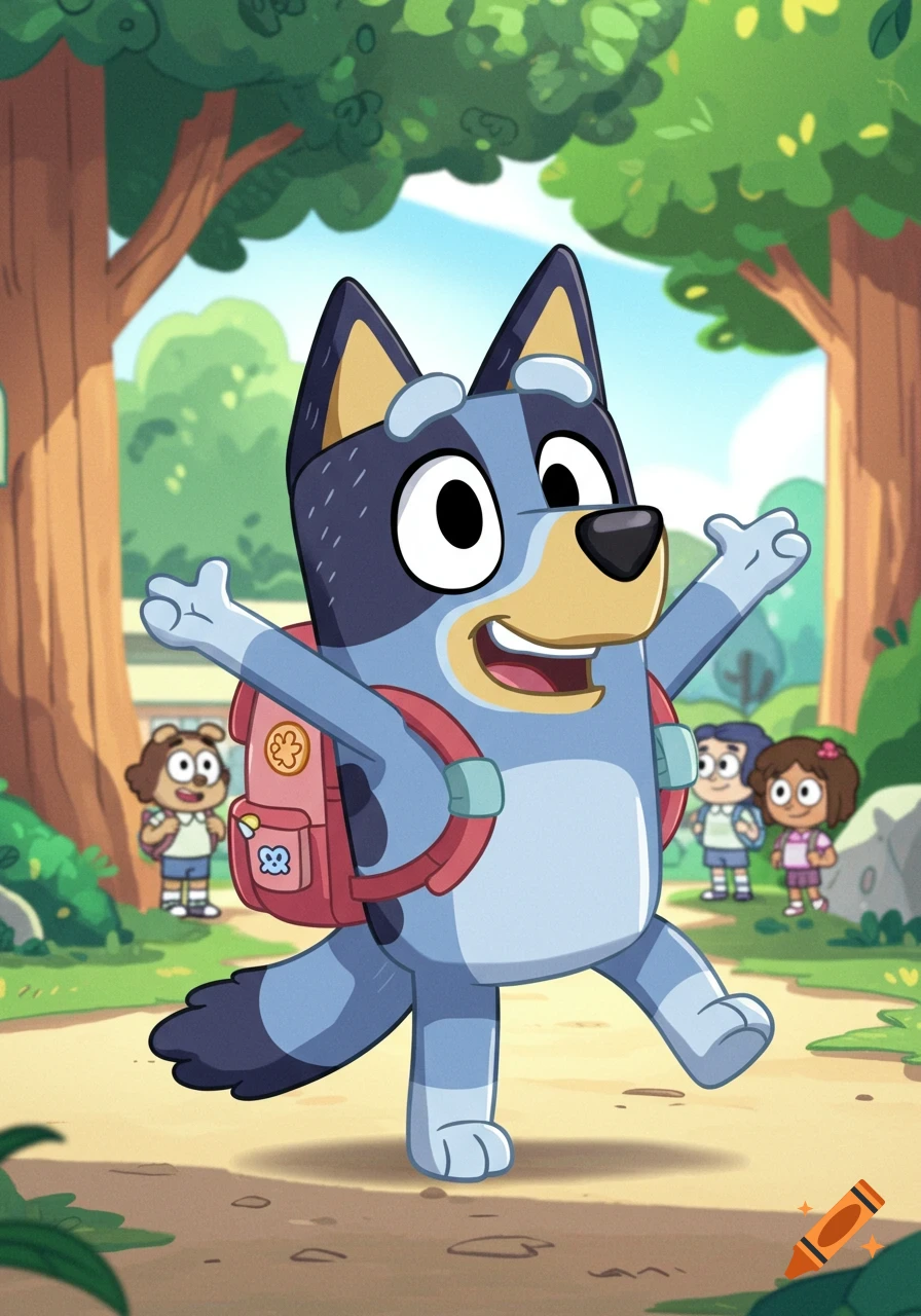 Bluey Heeler, a blue anthropomorphic dog, sits on a colorful stool ...