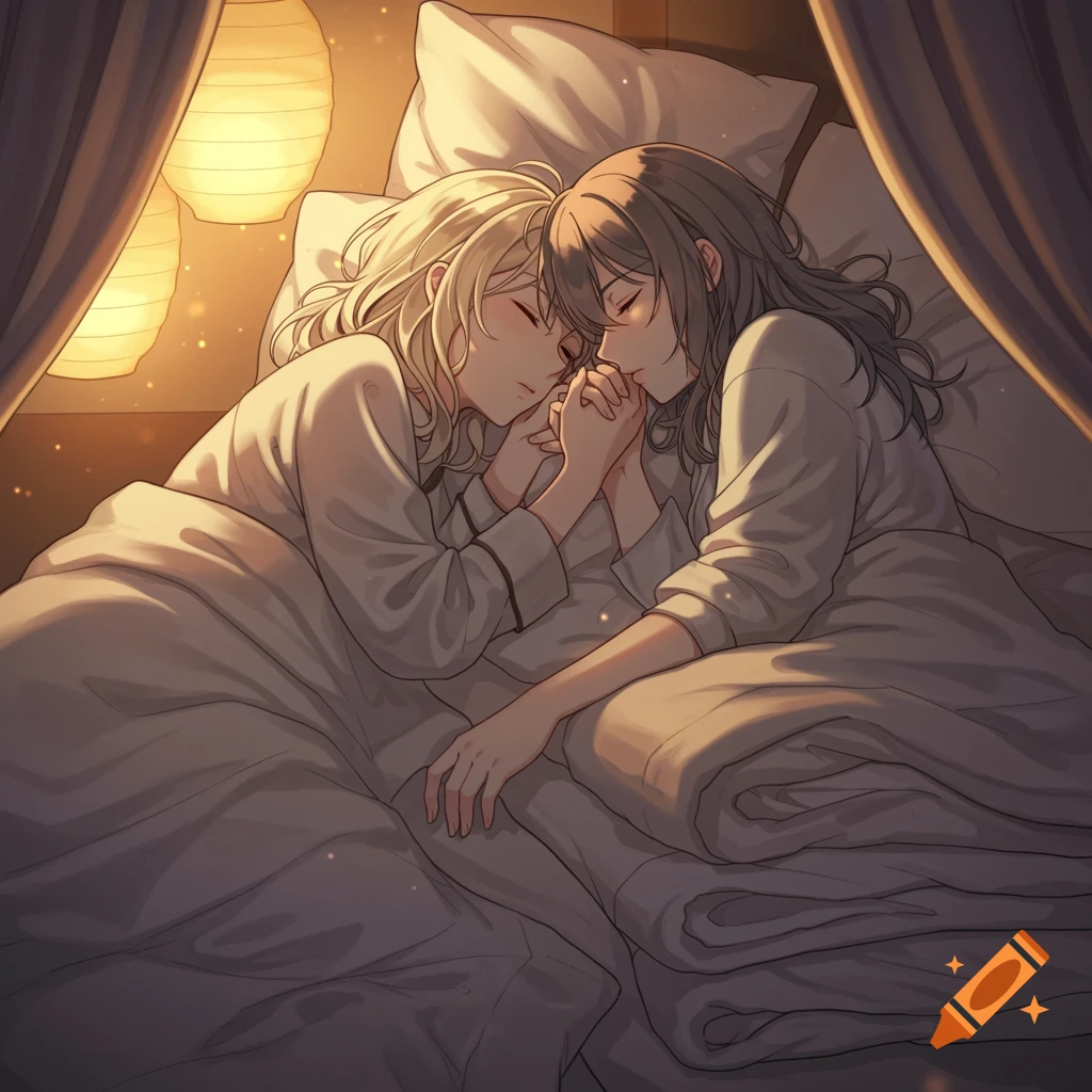 Two anime women sleeping peacefully in a cozy bed, holding hands. Warm ...