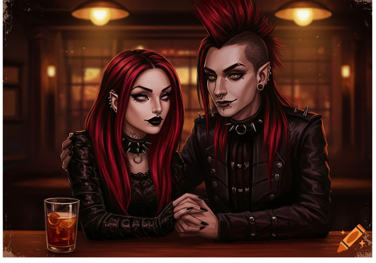 Stylized illustration of a goth punk couple with red hair and piercings ...