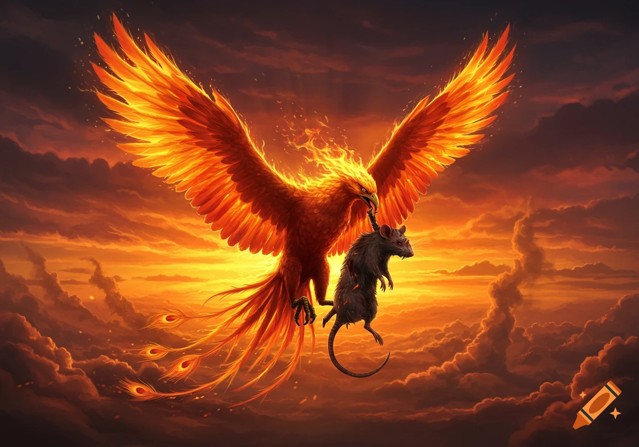 A vibrant phoenix with fiery red, orange, and blue feathers soars ...