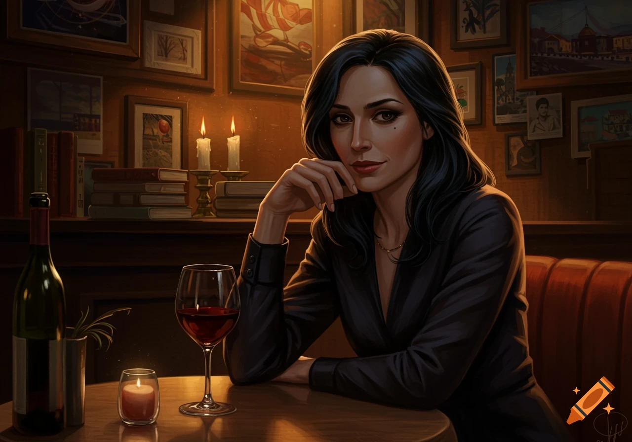 Illustration of a woman with flushed cheeks, holding a drink at a bar ...