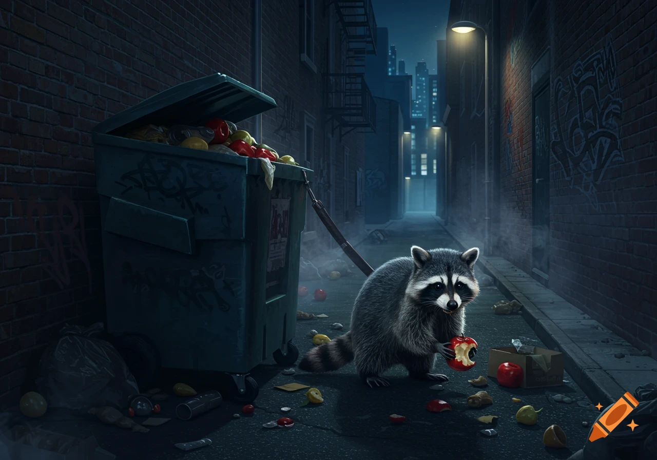 A raccoon holds a bitten red apple next to an overflowing dumpster in a ...