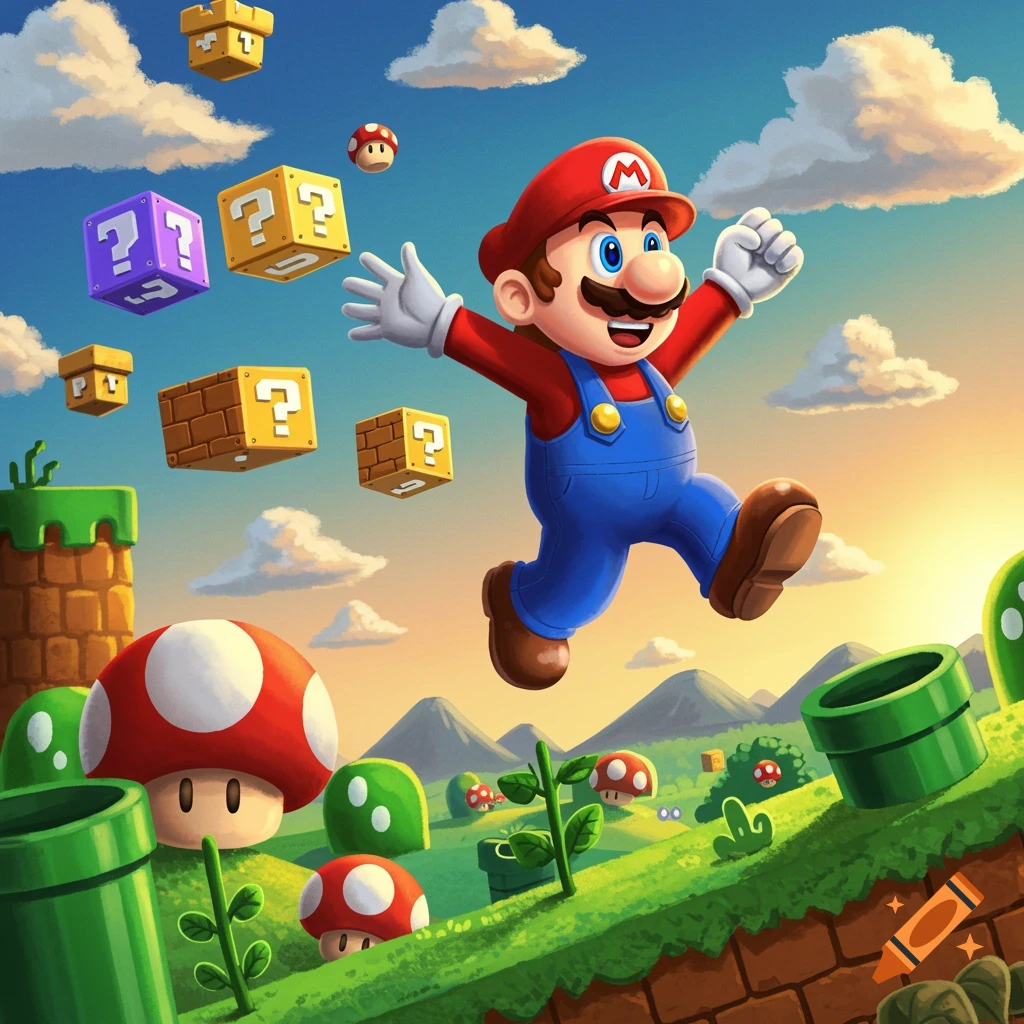Vibrant cartoon of Mario standing triumphantly on a massive pile of ...