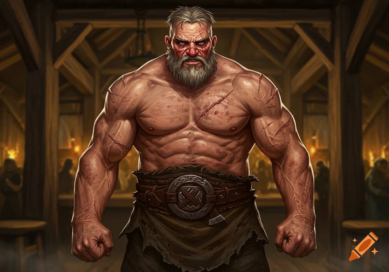 A muscular, scarred Viking man with a grey beard stands in a dimly lit ...