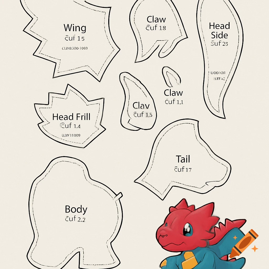 A sewing pattern for a Druddigon plush toy, showing labeled cutouts for ...