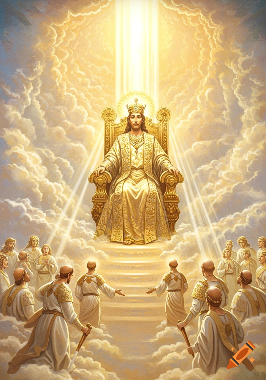 Jesus, wearing a crown and golden robes, sits on an ornate golden ...