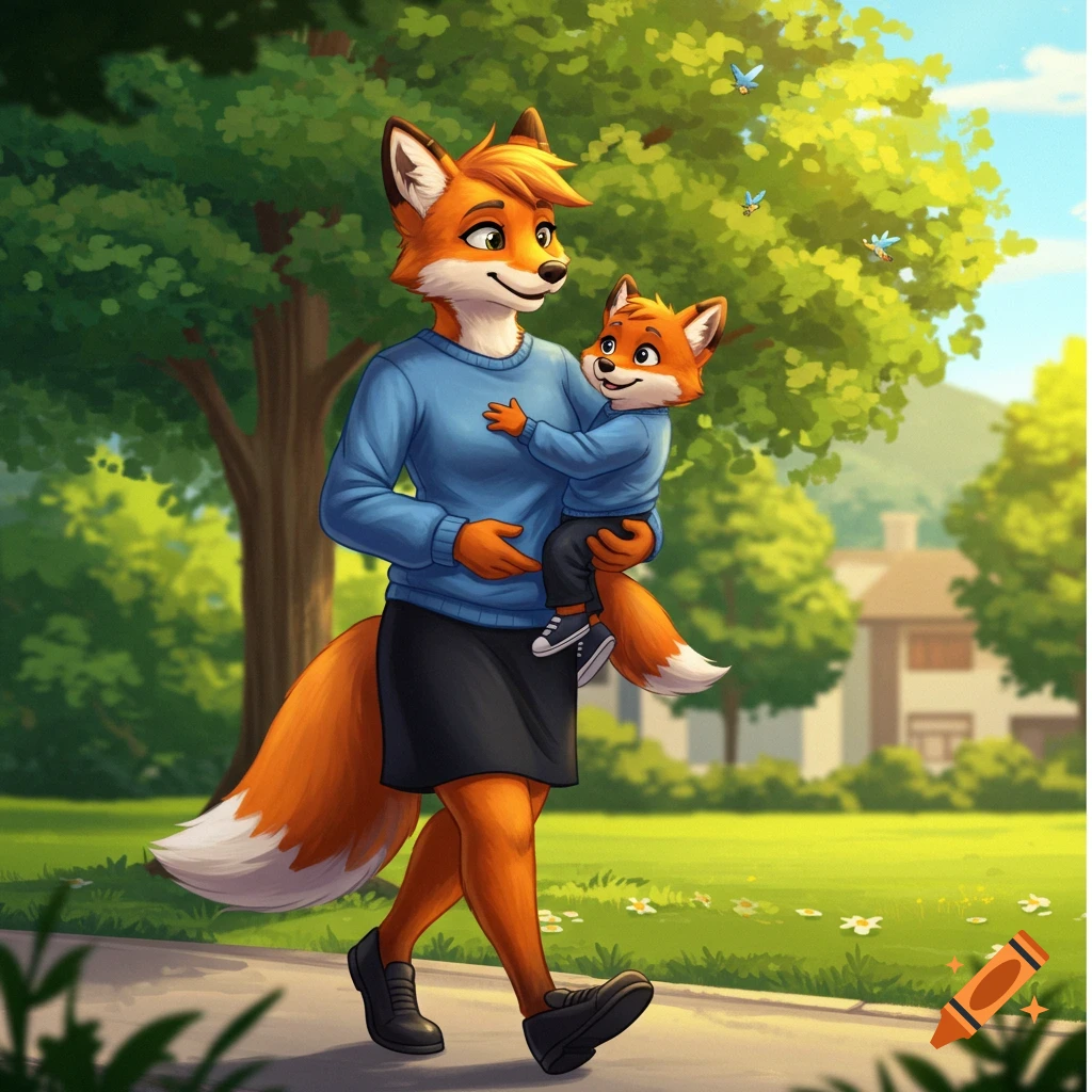 An anthropomorphic fox mother carrying her son walks on a path through ...