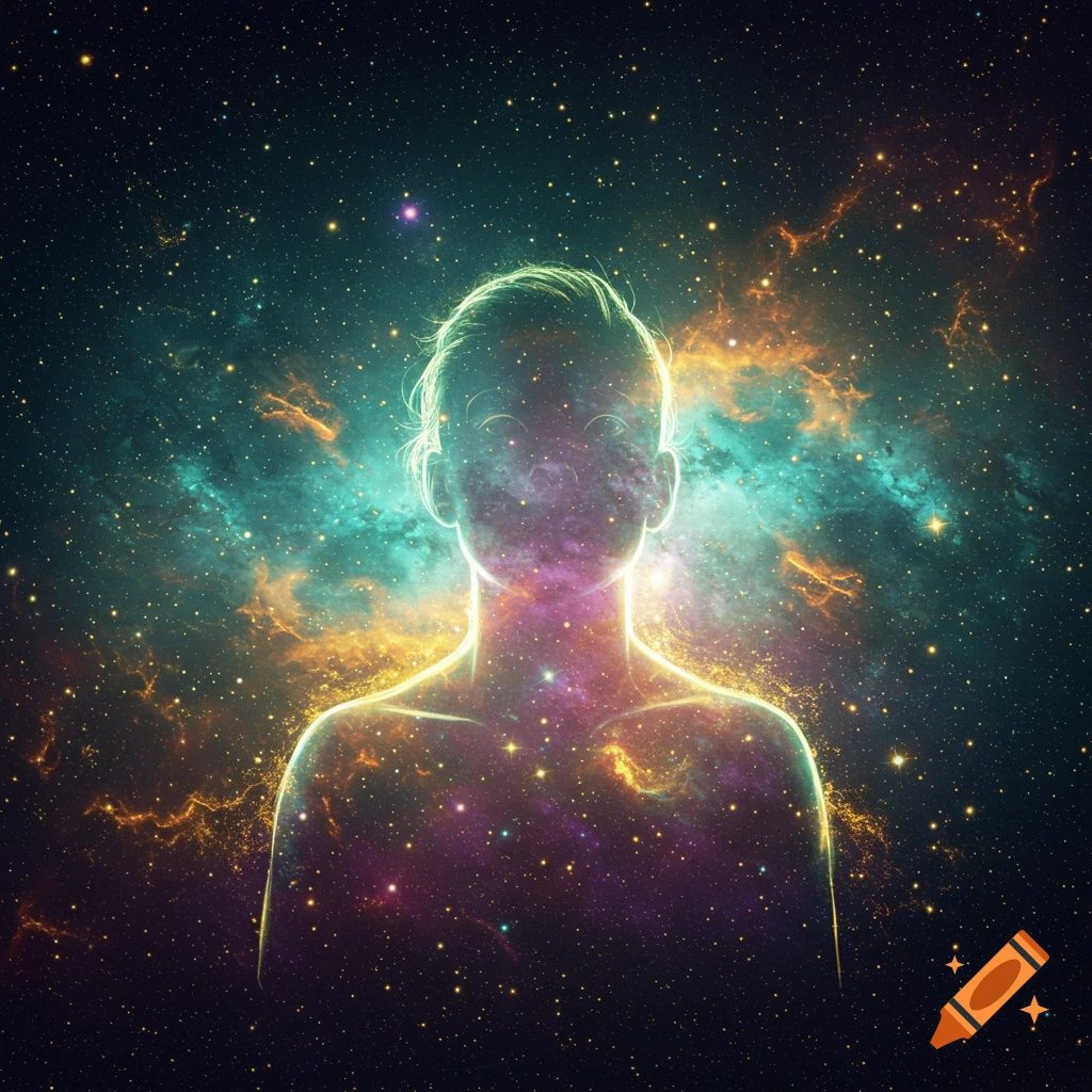 A translucent human silhouette reveals a swirling galaxy and stars ...