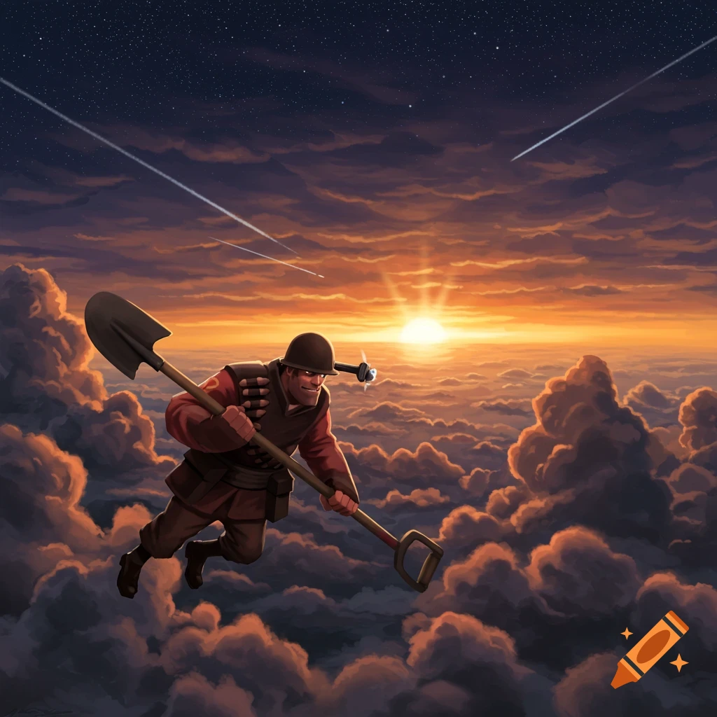 Team Fortress 2 Soldier character flying above clouds with a shovel at ...