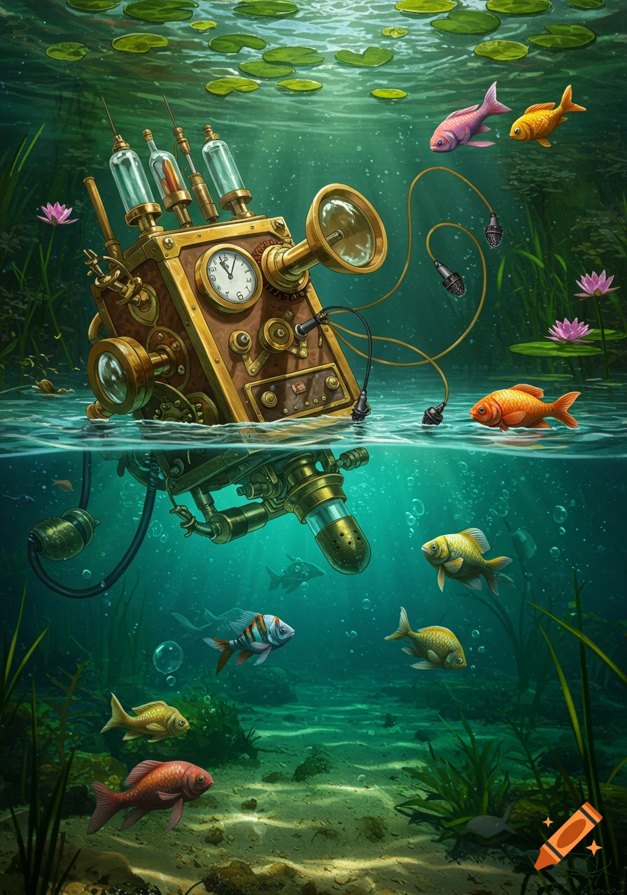 A detailed steampunk device sits half-submerged in a pond with lily ...