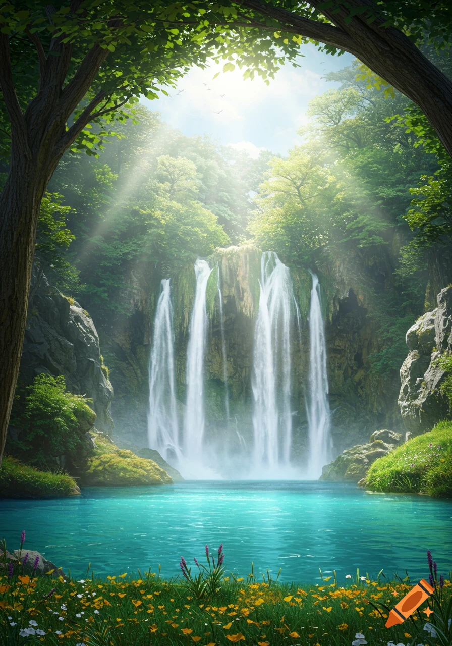 A serene waterfall cascades into a clear turquoise lake surrounded by lush green trees and ...
