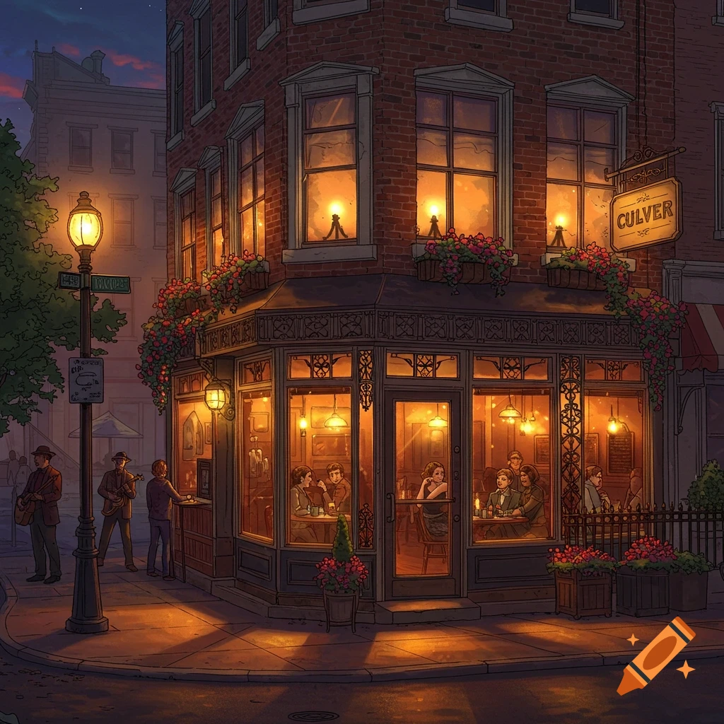 Warmly lit cafe interior with brick walls, red booths, wooden tables ...