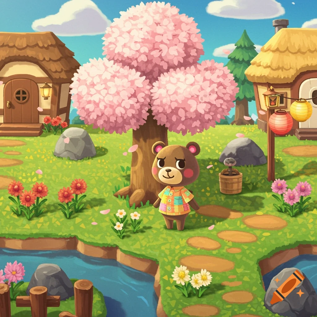 Cartoon of Peanuts characters in an Animal Crossing-style village with ...