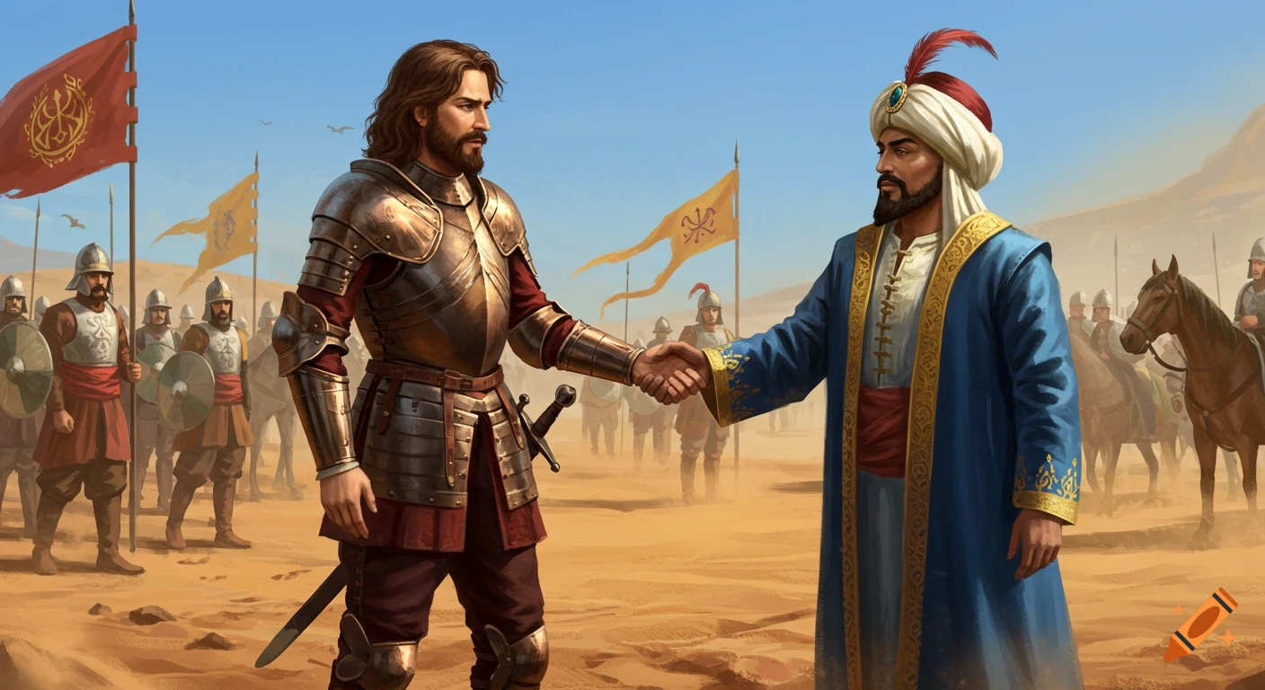 A medieval knight on horseback with a flag, a castle in the background ...