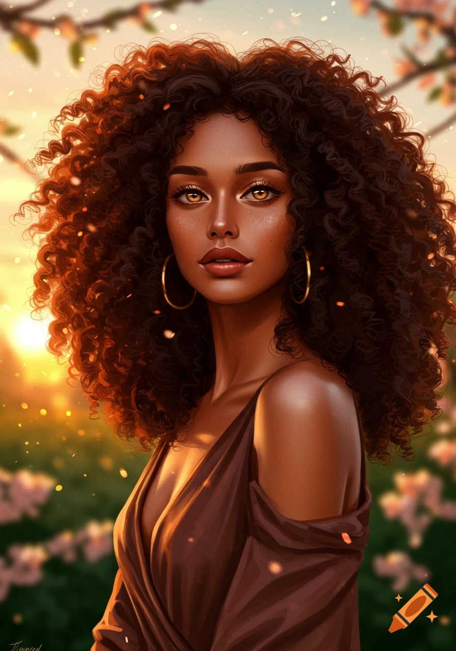 Digital art of a plus-size woman with dark curly hair, green eyes, and ...