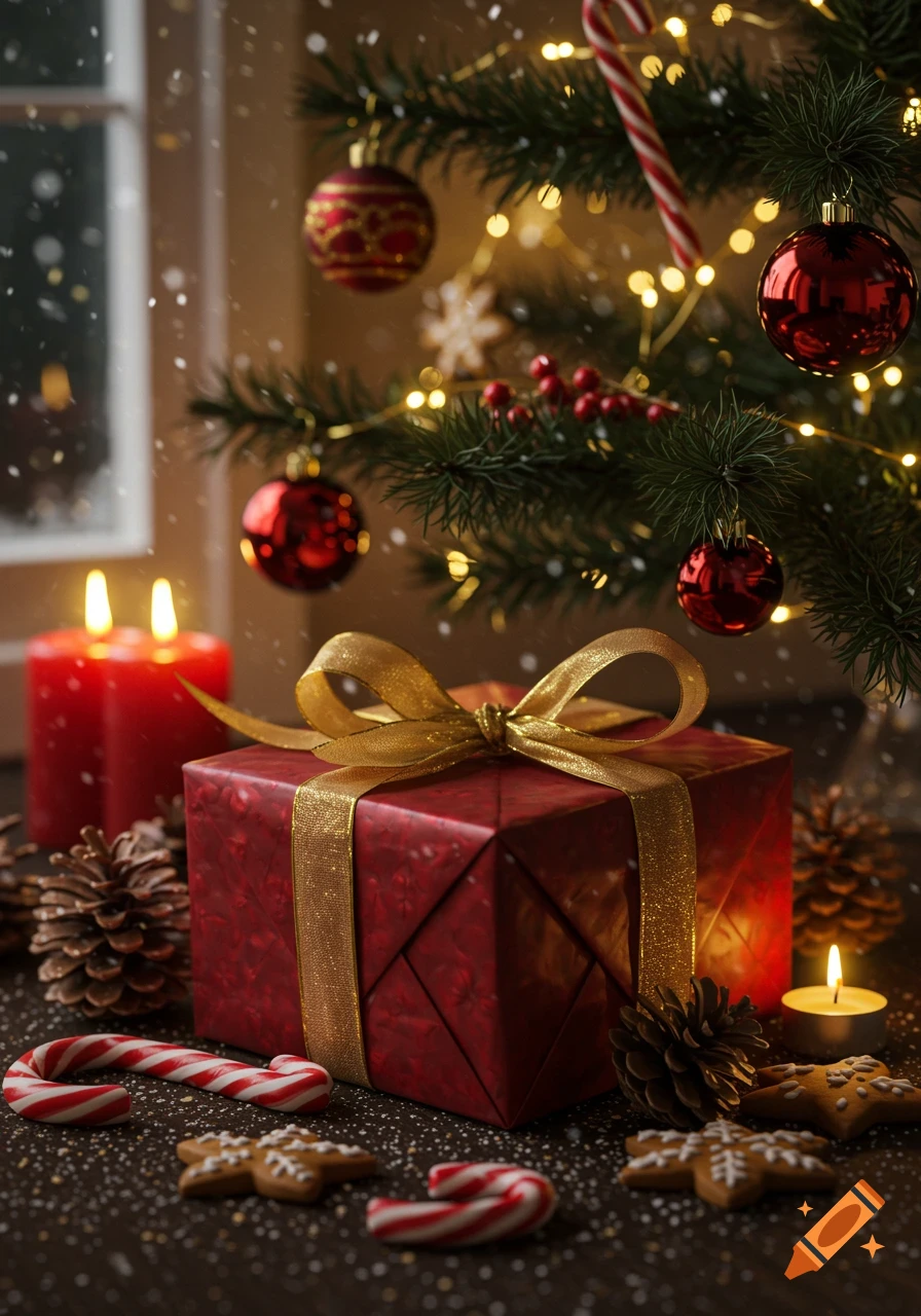 Close-up of sparkling red, green, and gold Christmas gifts with ribbons, pine needles, and bokeh ...