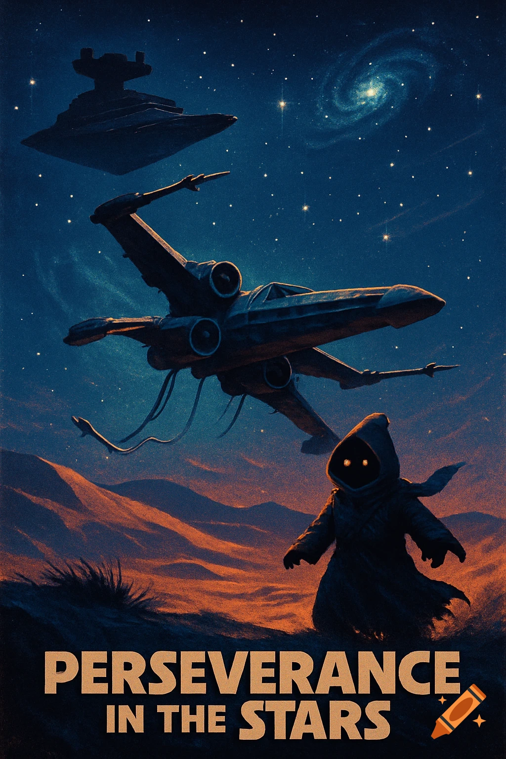 A Star Wars-themed poster with a Star Destroyer and an X-Wing flying ...