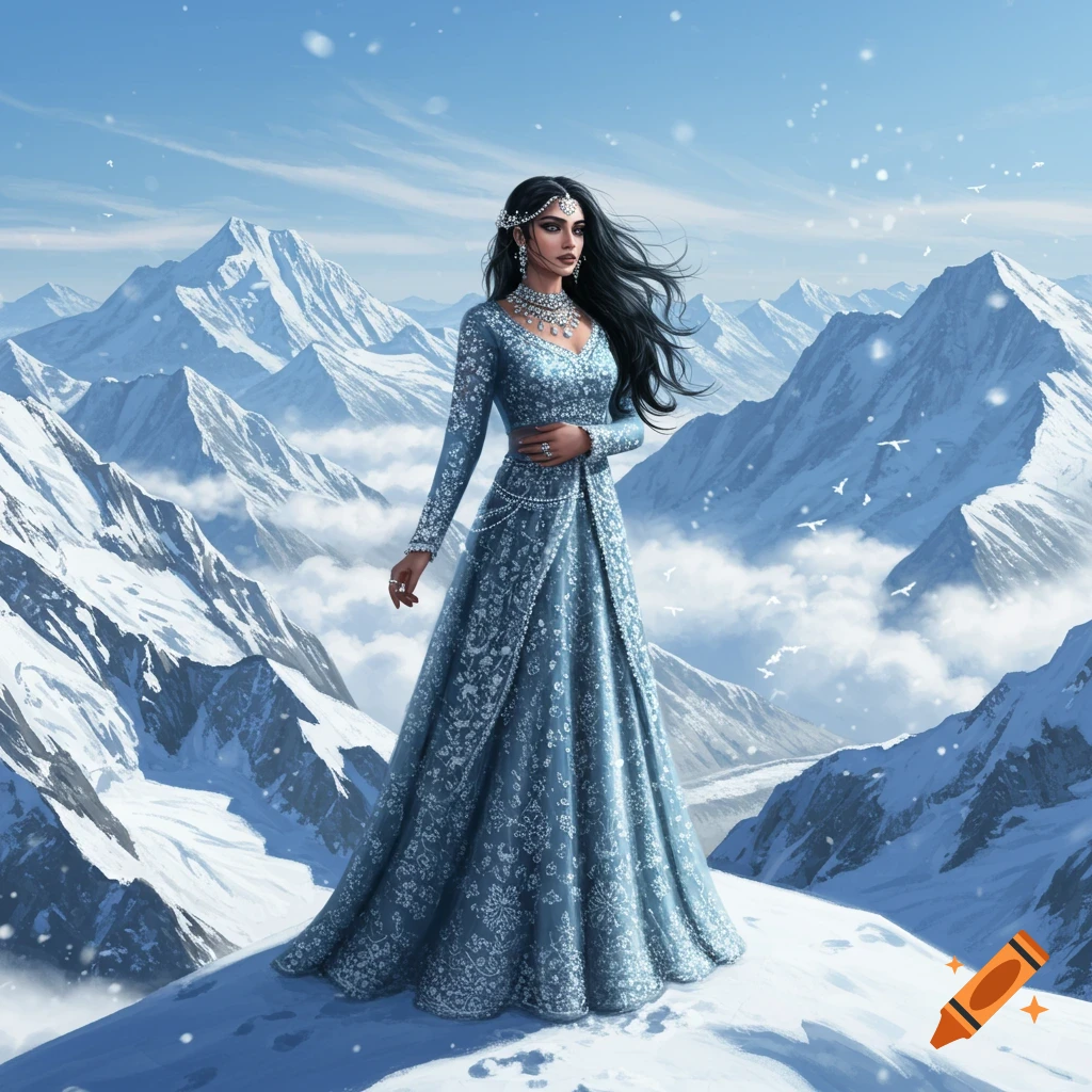 An Indian princess in a blue ornate gown stands on a snowy mountain ...