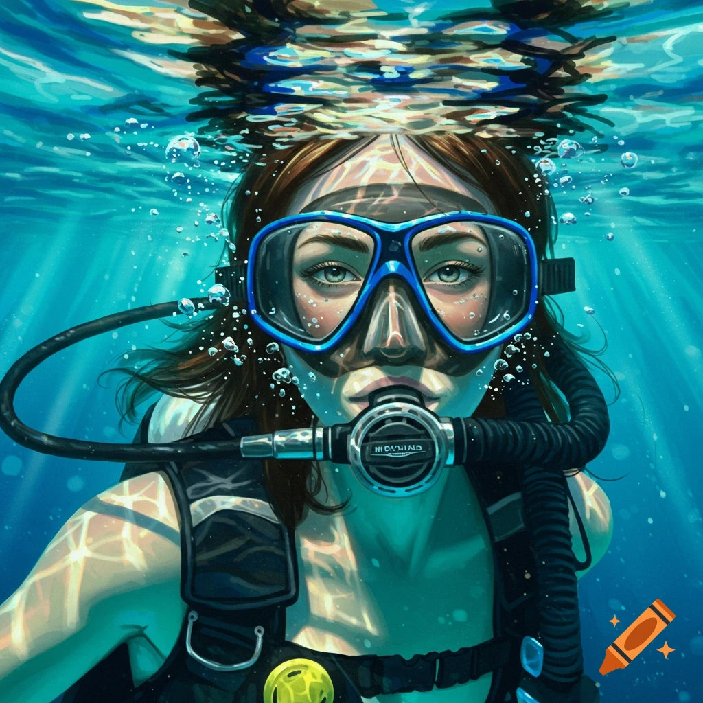 A close-up artistic portrait of a woman in scuba gear underwater ...