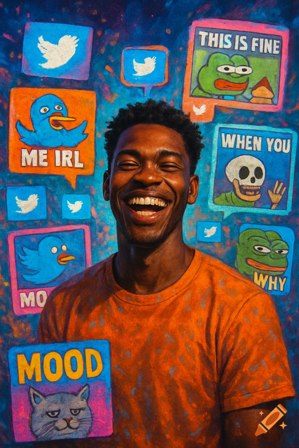 A smiling Black man in an orange shirt with various internet memes and ...
