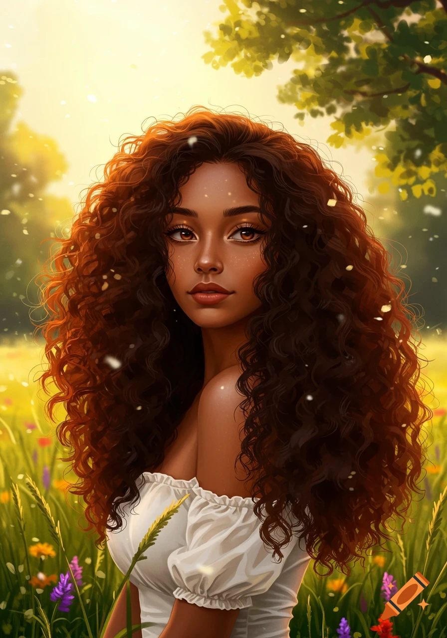 A digital painting of a woman with golden caramel skin, green eyes, and ...
