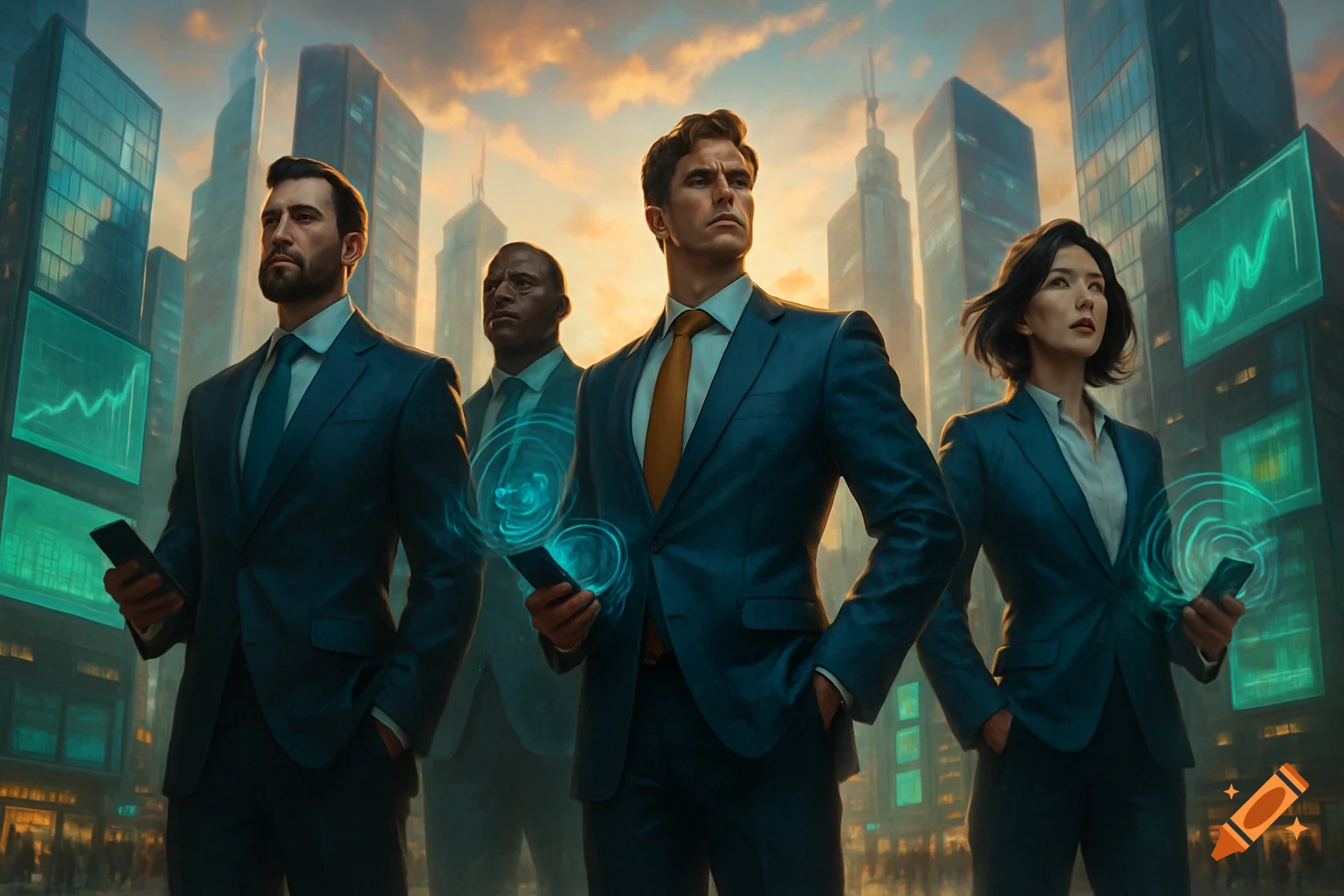 A wealthy man in a suit stands among luxury cars, helicopters, a ...