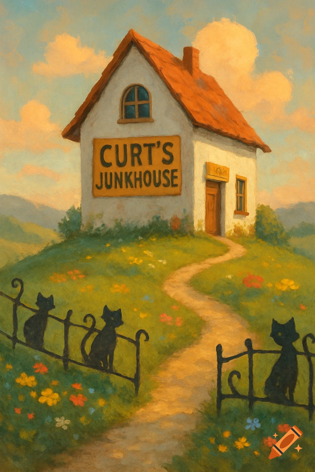 A whimsical painting of a white house with a 'CURT'S JUNKHOUSE' sign on ...