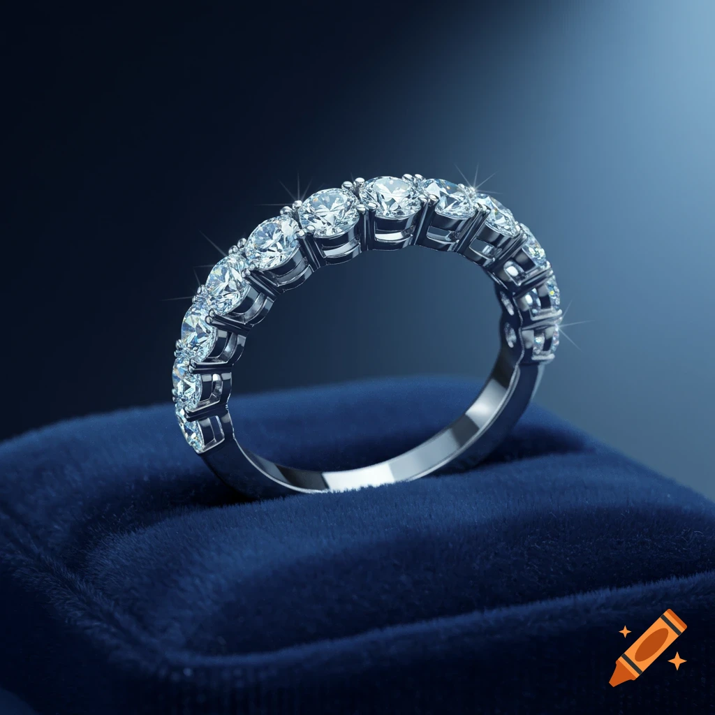 A close-up, photorealistic image of a sparkling diamond wedding band resting on a dark blue ...